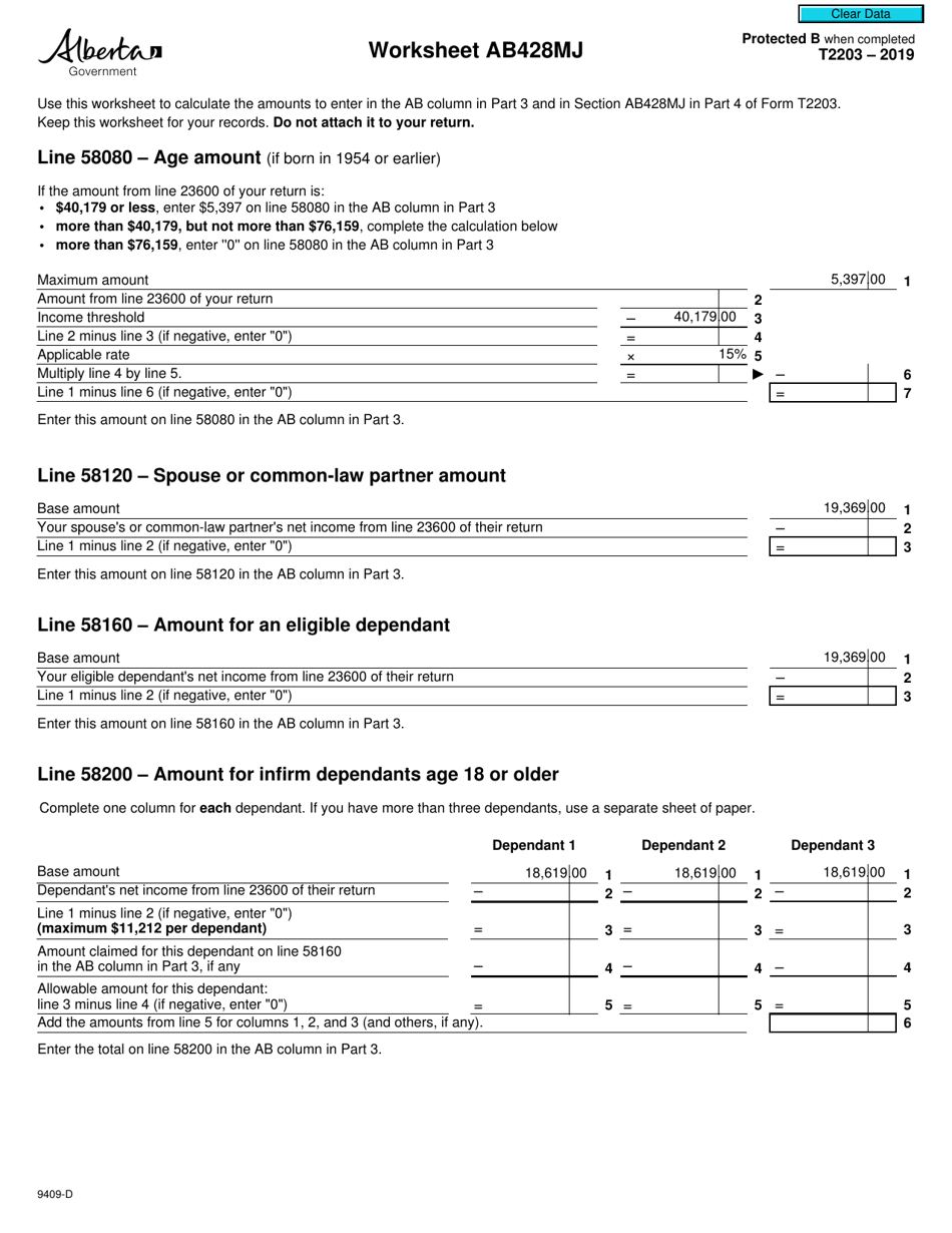 Form T2203 (9409-D) Worksheet AB428MJ - 2019 - Fill Out, Sign Online ...