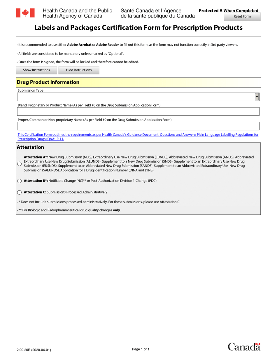 Canada Labels and Packages Certification Form for Prescription Products ...