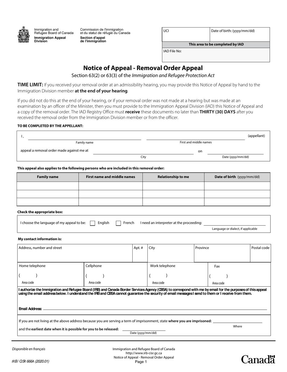 Form IRB/CISR666A Download Fillable PDF or Fill Online Notice of Appeal ...