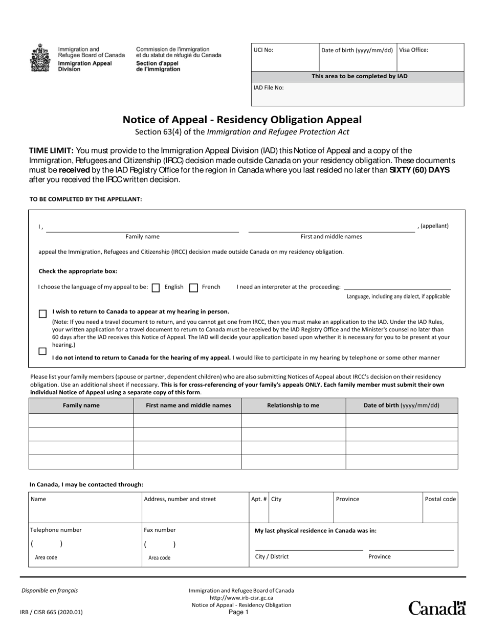 Form IRB/CISR665 Download Fillable PDF or Fill Online Notice of Appeal ...