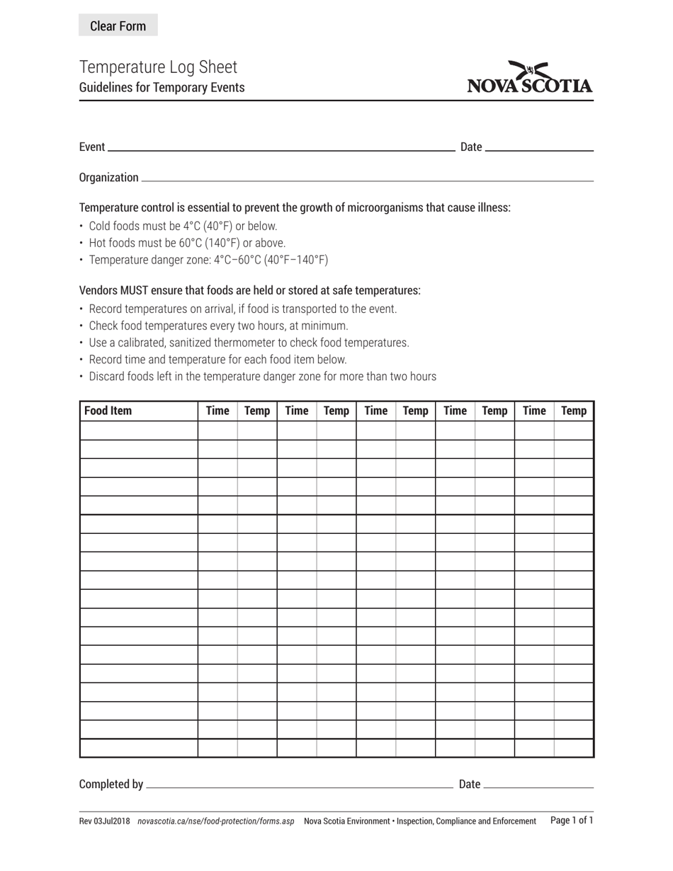 Nova Scotia Canada Temperature Log Sheet - Fill Out, Sign Online and ...