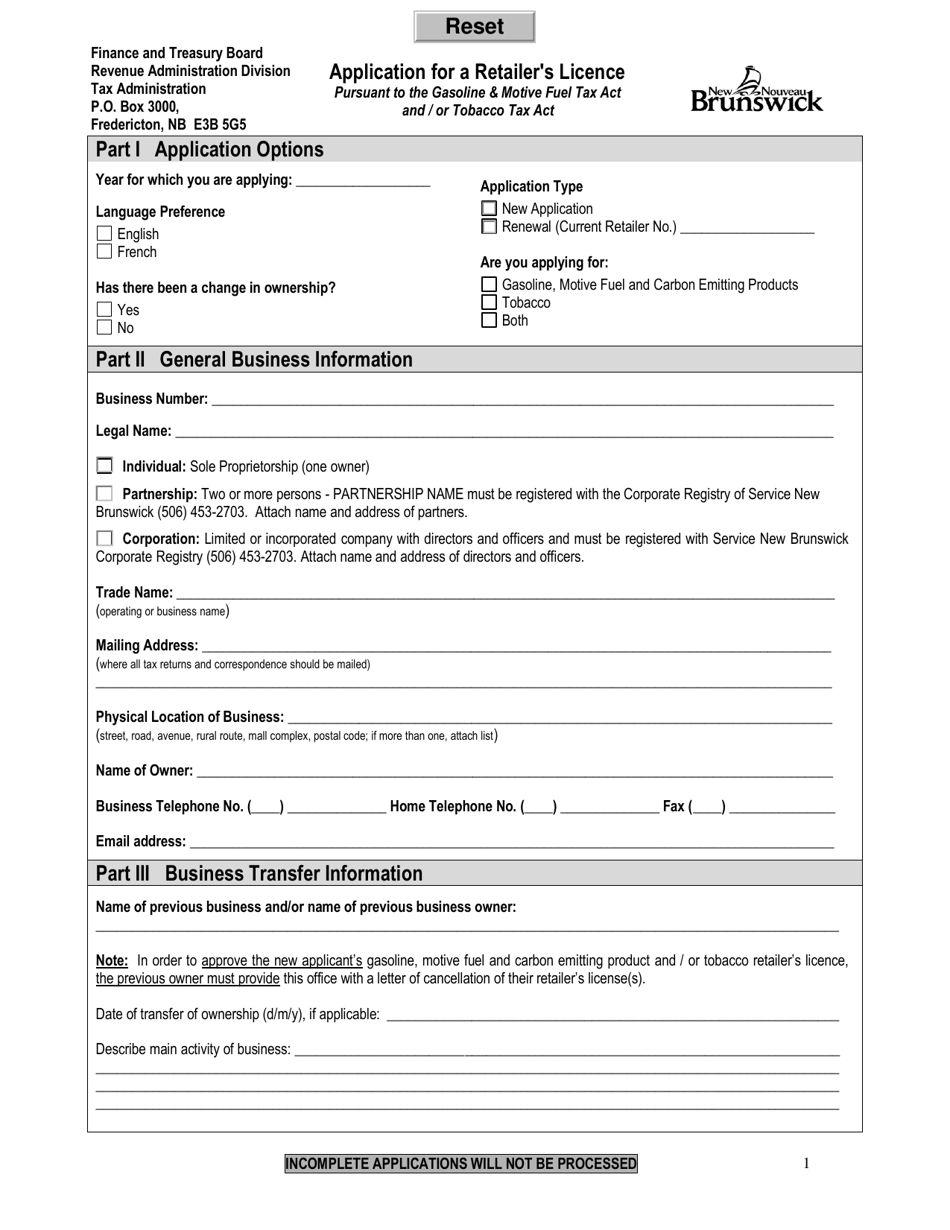 New Brunswick Canada Application for a Retailer's Licence - Fill Out ...
