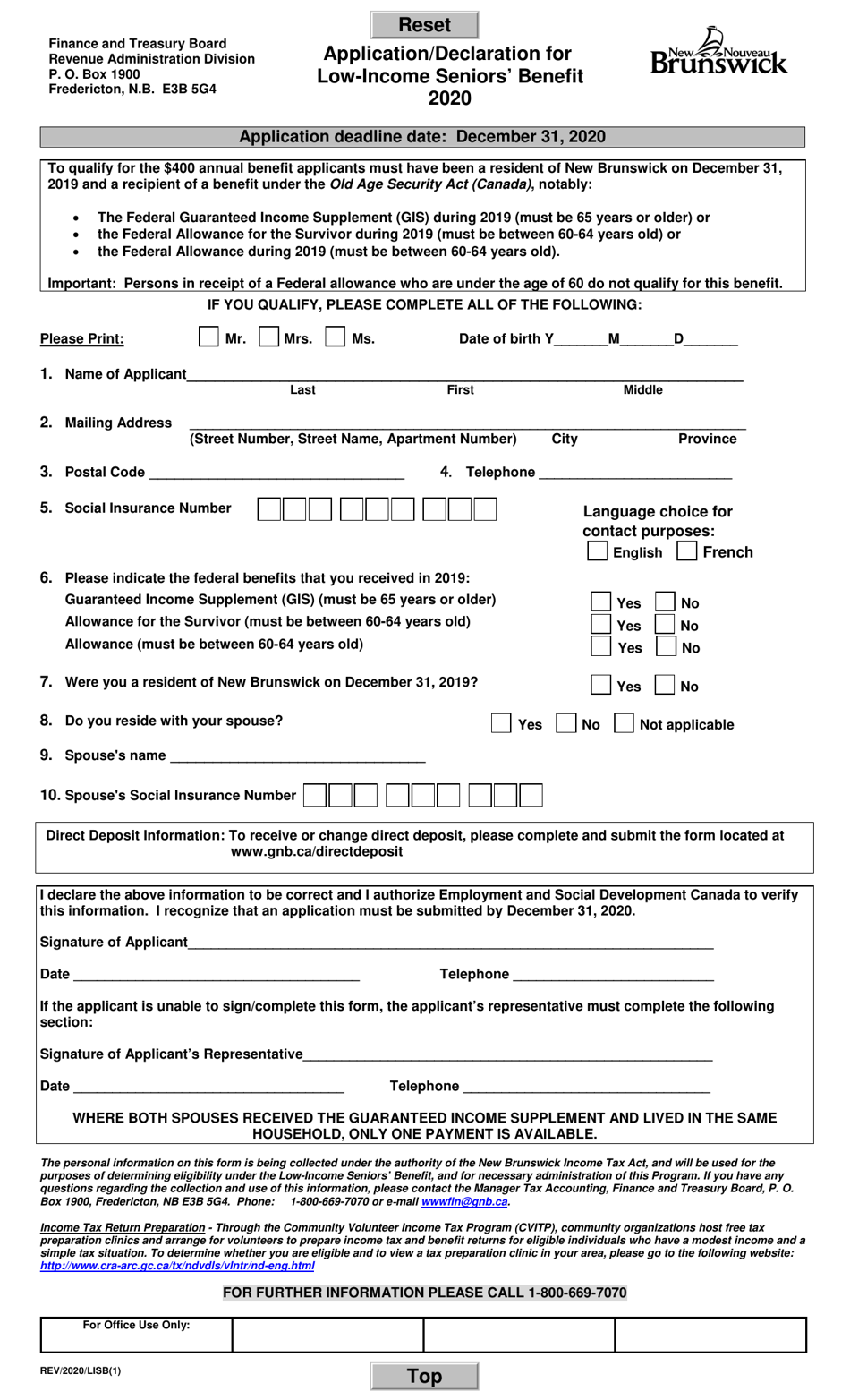 2020 New Brunswick Canada Application/Declaration for Low-Income ...