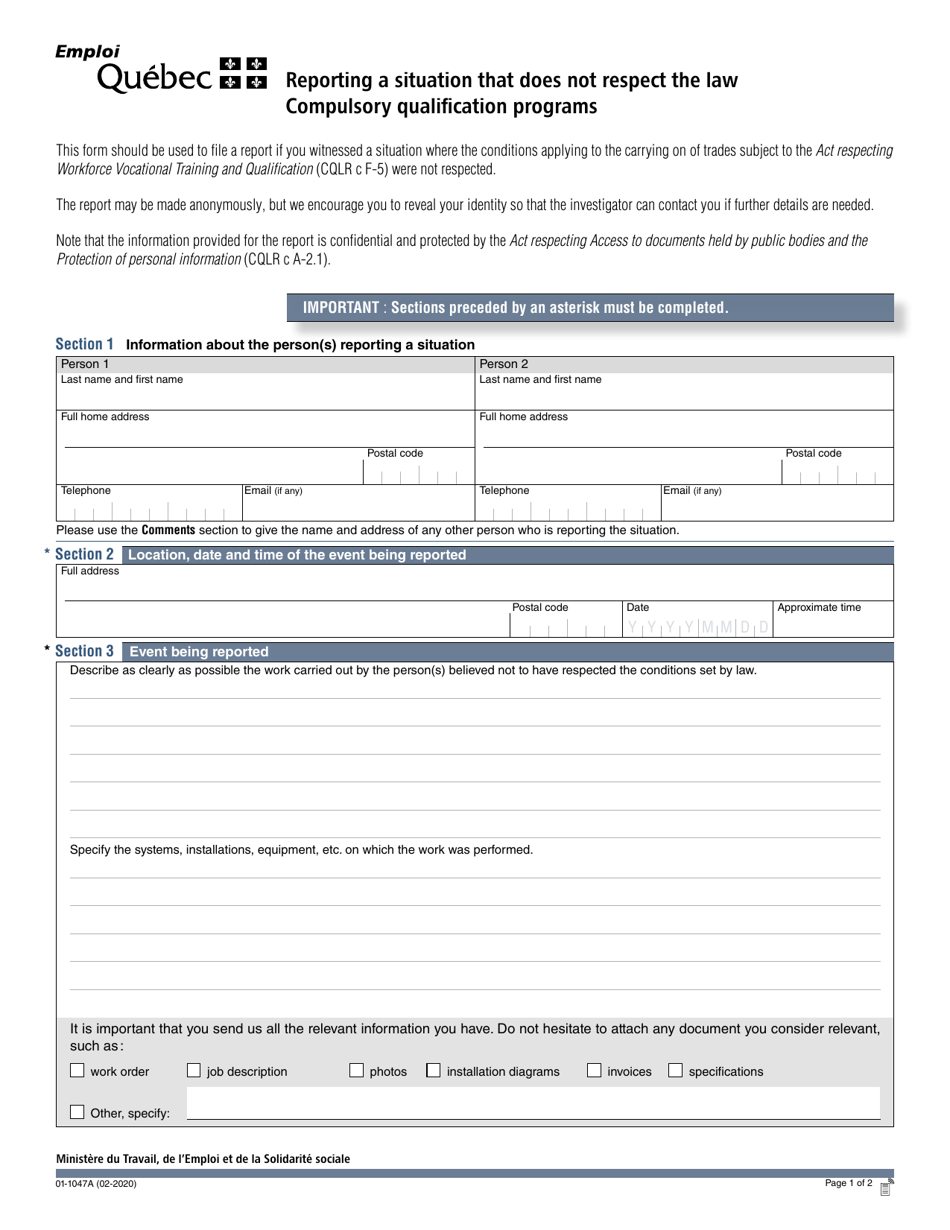 Form 01-1047A - Fill Out, Sign Online and Download Fillable PDF, Quebec ...