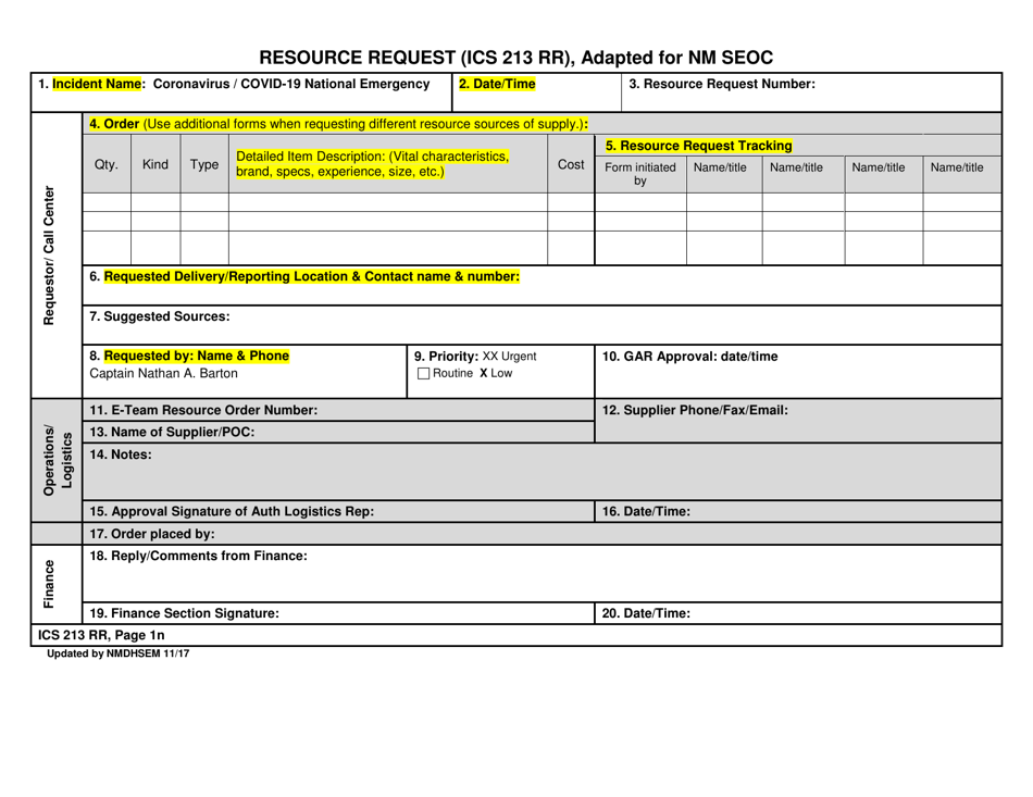 New Mexico Resource Request (ICS 213 Rr), Adapted for Nm Seoc - Fill ...