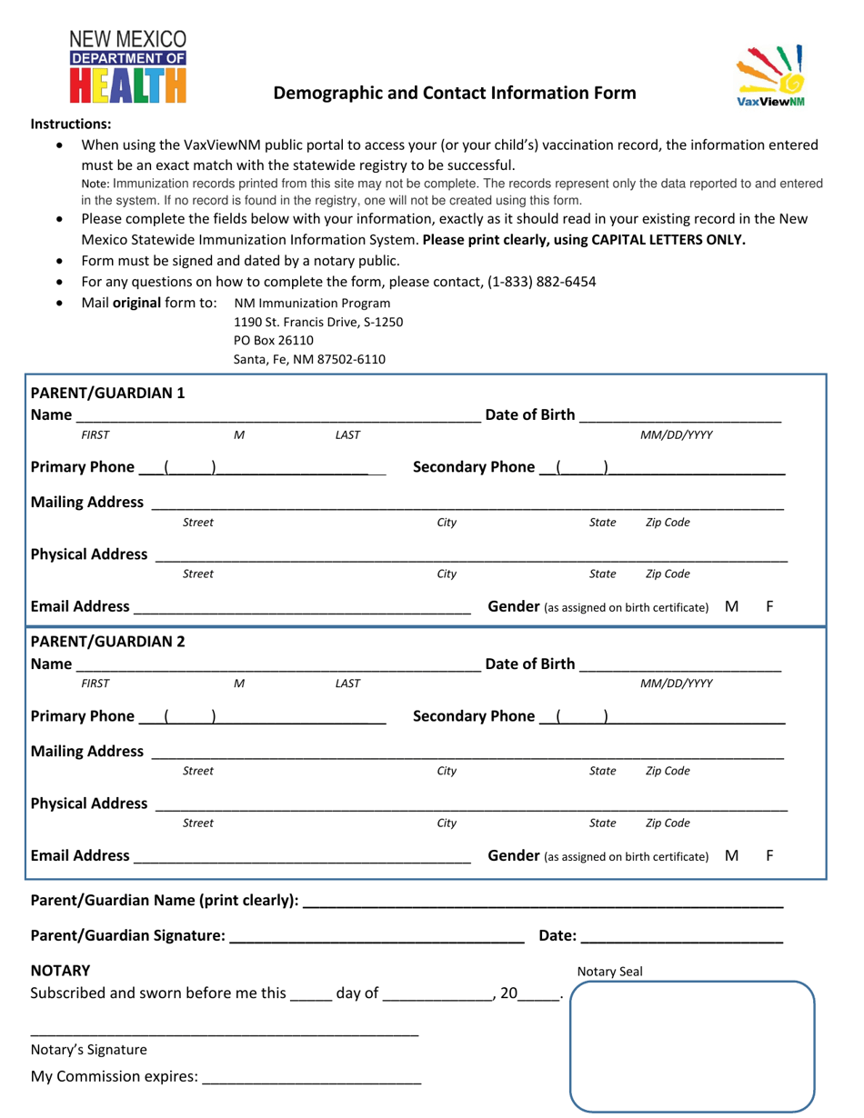 New Mexico Demographic and Contact Information Form - Fill Out, Sign ...
