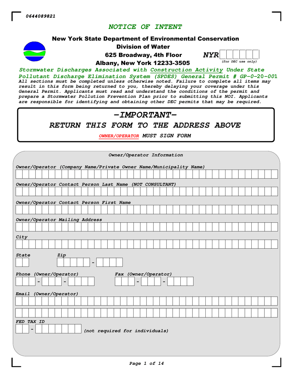 New York Notice of Intent - Stormwater Discharges Associated With Construction Activity Under ...