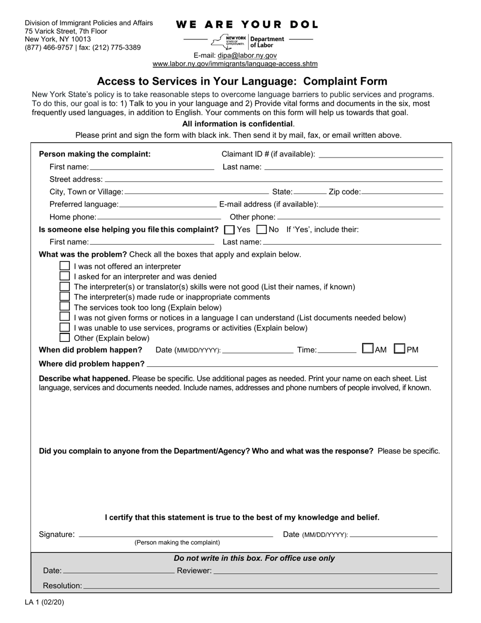 Form LA1 - Fill Out, Sign Online and Download Fillable PDF, New York ...
