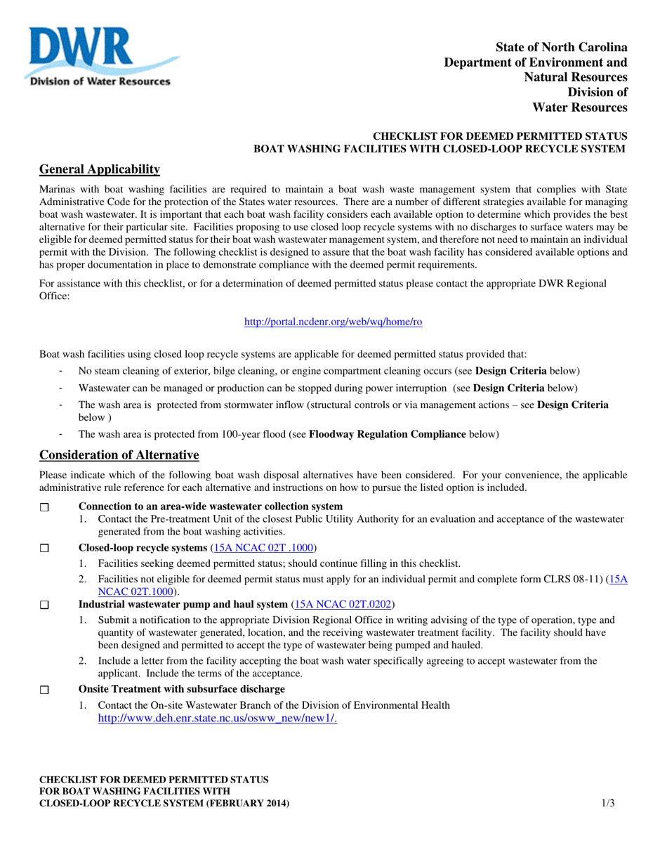 North Carolina Checklist for Deemed Permitted Status Boat Washing ...