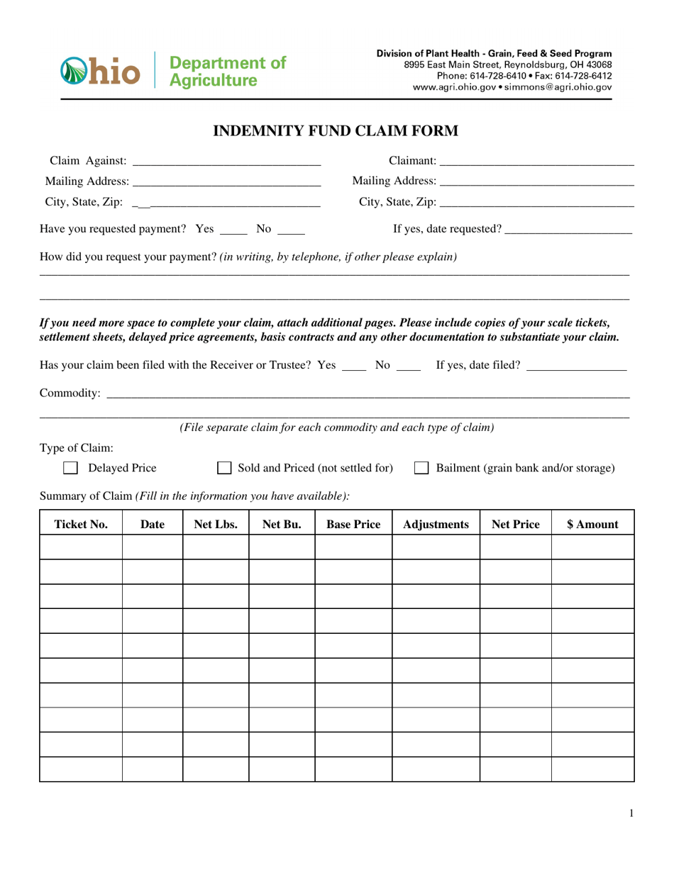 Ohio Indemnity Fund Claim Form - Fill Out, Sign Online and Download PDF ...