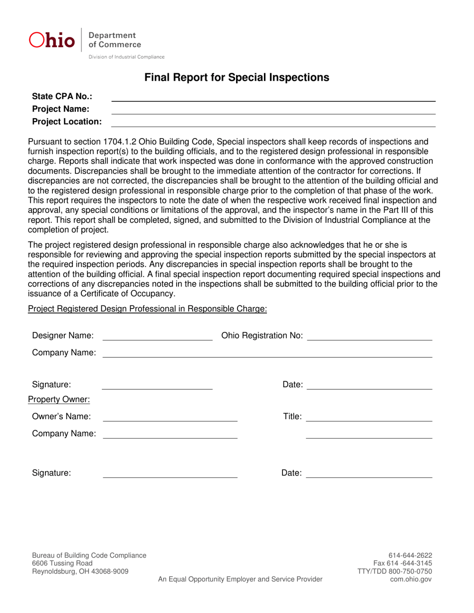 Ohio Final Report for Special Inspections - Fill Out, Sign Online and ...