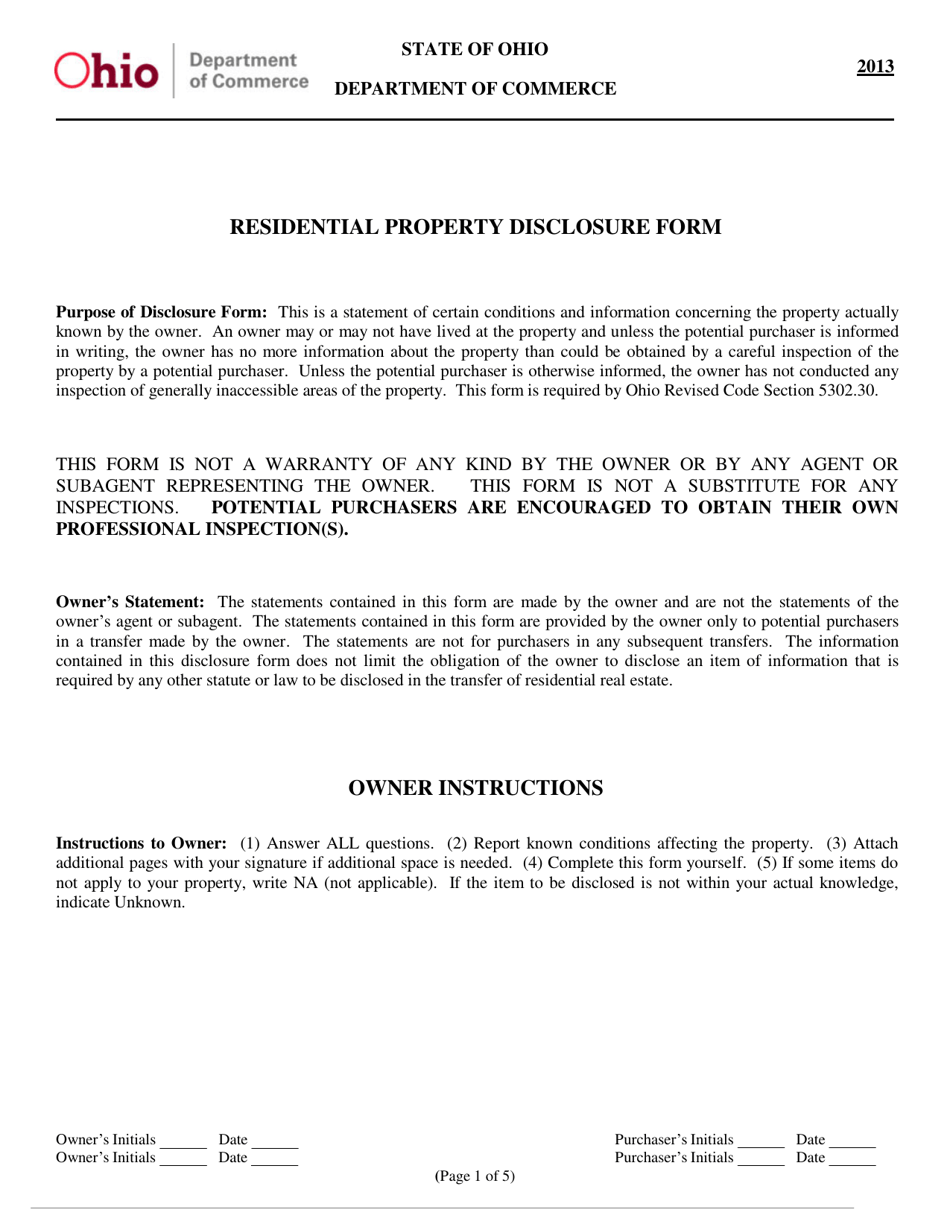 2013 Ohio Residential Property Disclosure Form - Fill Out, Sign Online ...