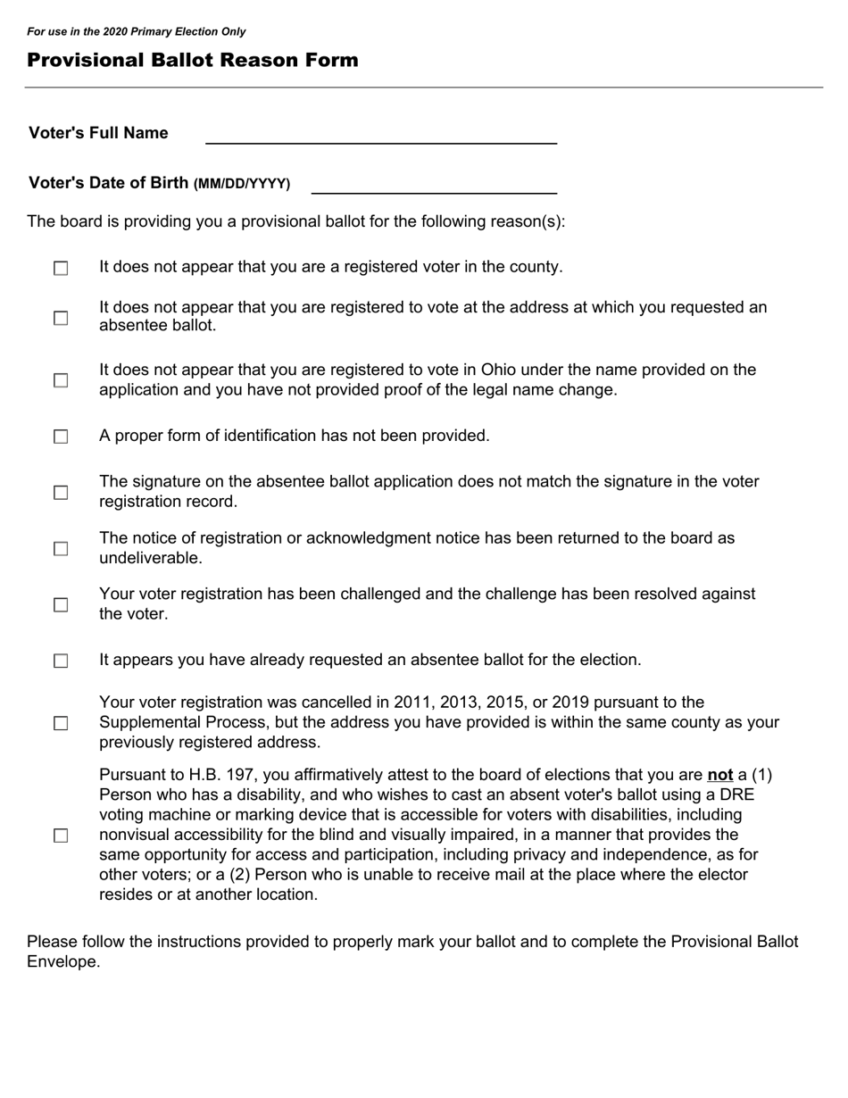 2020 Ohio Provisional Ballot Reason Form - Fill Out, Sign Online and ...