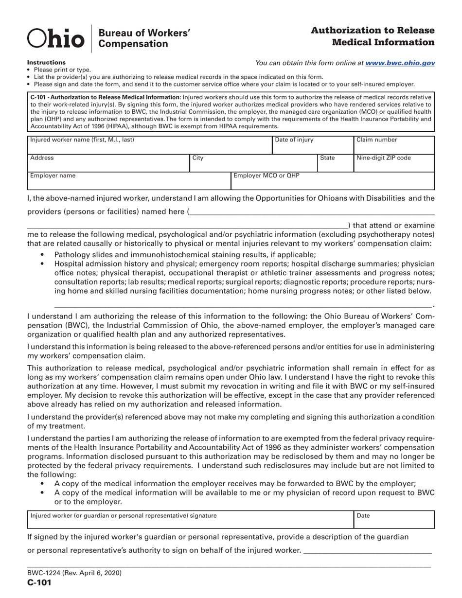 Form C-101 (BWC-1224) - Fill Out, Sign Online and Download Printable ...