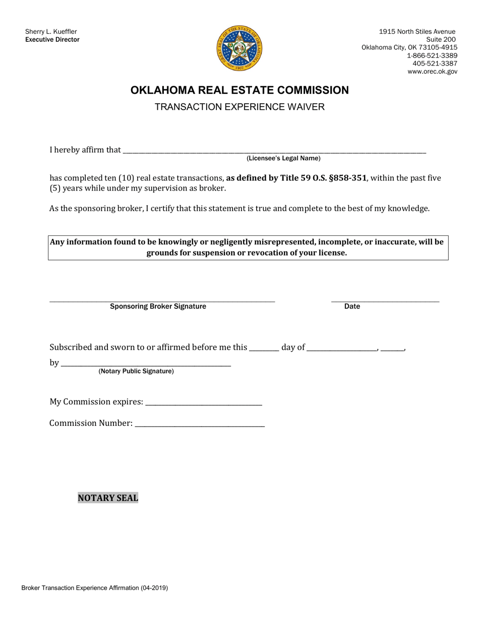 Oklahoma Broker Transaction Experience Affirmation - Fill Out, Sign ...