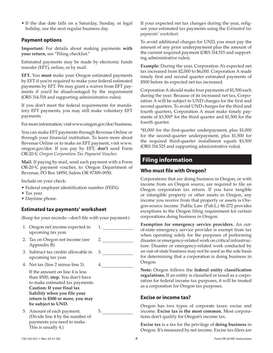 Download Instructions for Form OR-20-INC, 150-102-021 Oregon ...