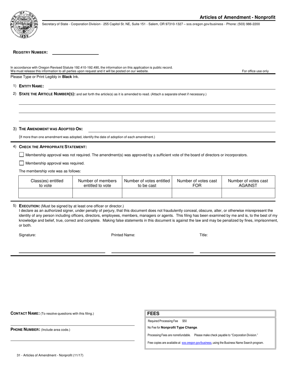 Oregon Articles of Amendment - Nonprofit Download Printable PDF ...