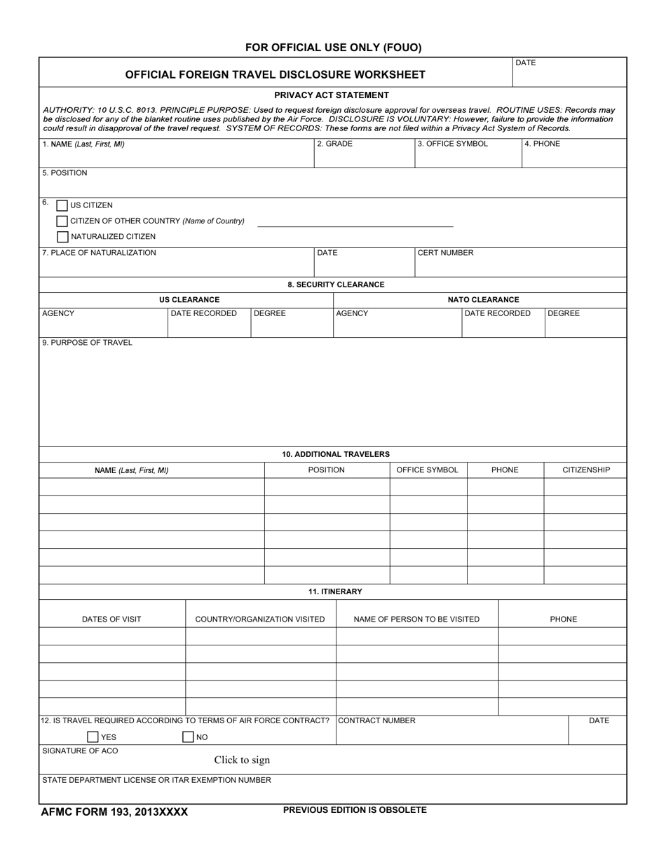 AFMC Form 193 Download Fillable PDF Or Fill Online Official Foreign 