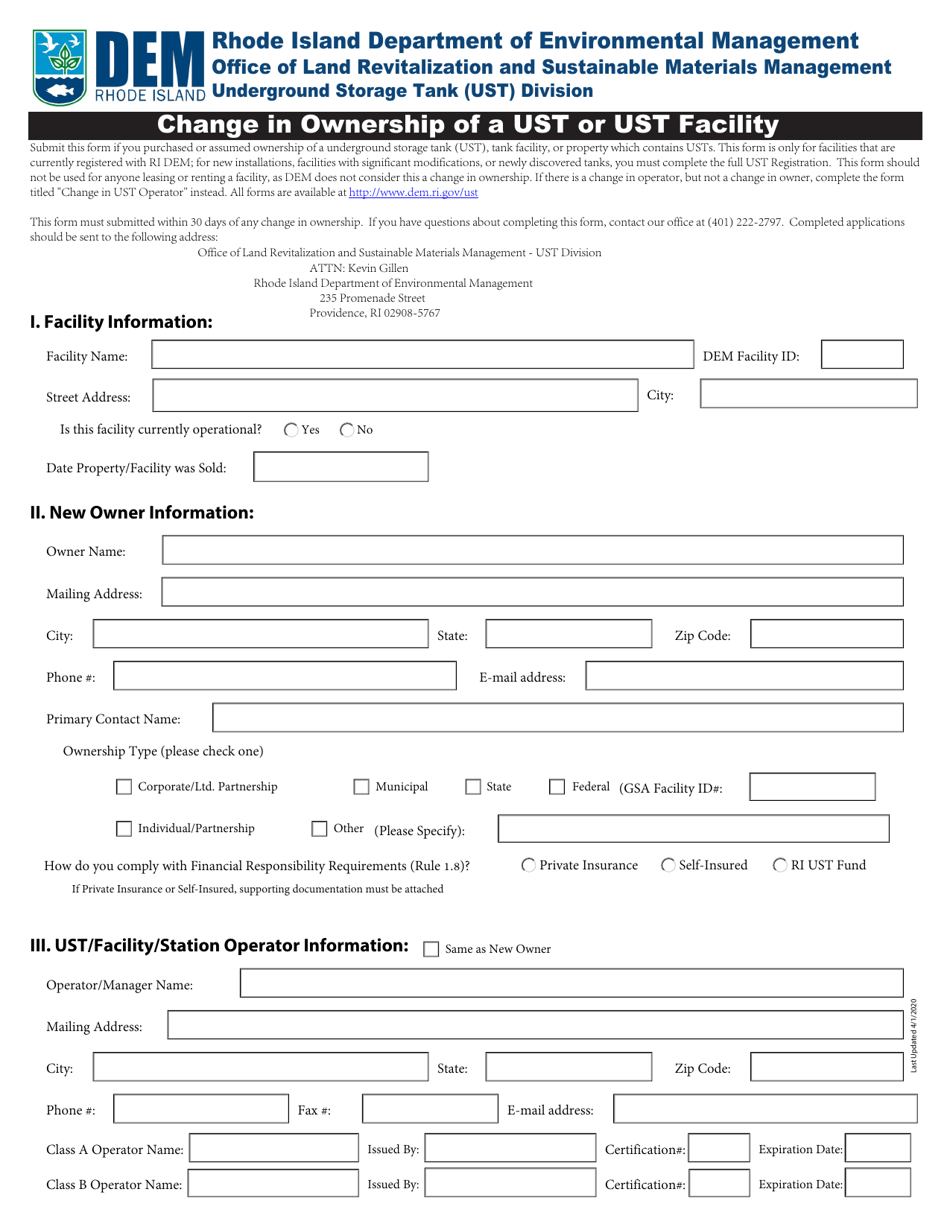 Rhode Island Change in Ownership of a Ust or Ust Facility Download ...
