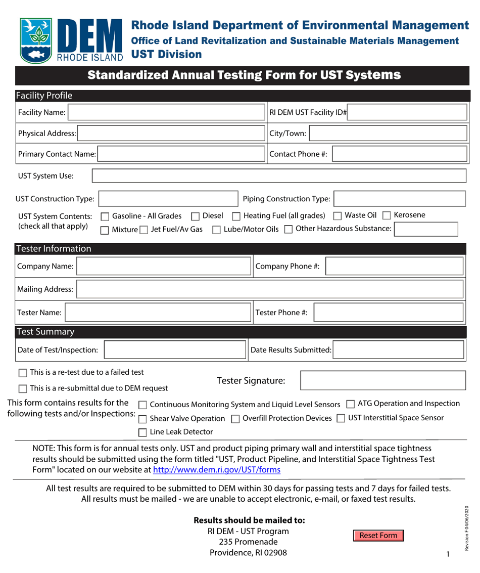 Rhode Island Standardized Annual Testing Form for Ust Systems - Fill ...