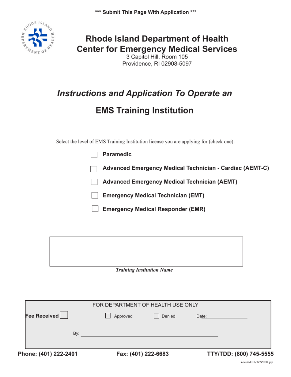 Rhode Island Application to Operate an EMS Training Institution - Fill ...