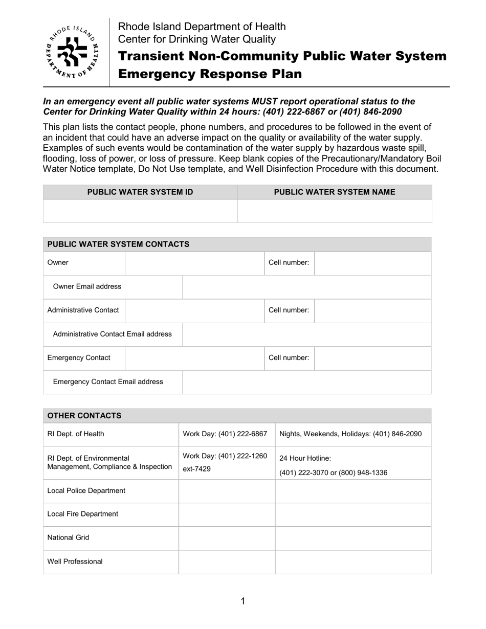 Rhode Island Transient Non-community Public Water System Emergency Response Plan - Fill Out ...