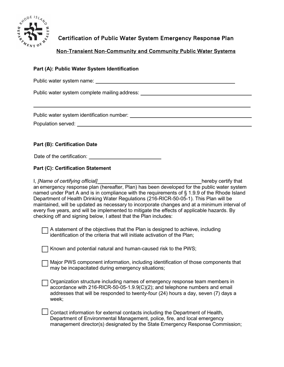 Rhode Island Certification of Public Water System Emergency Response ...