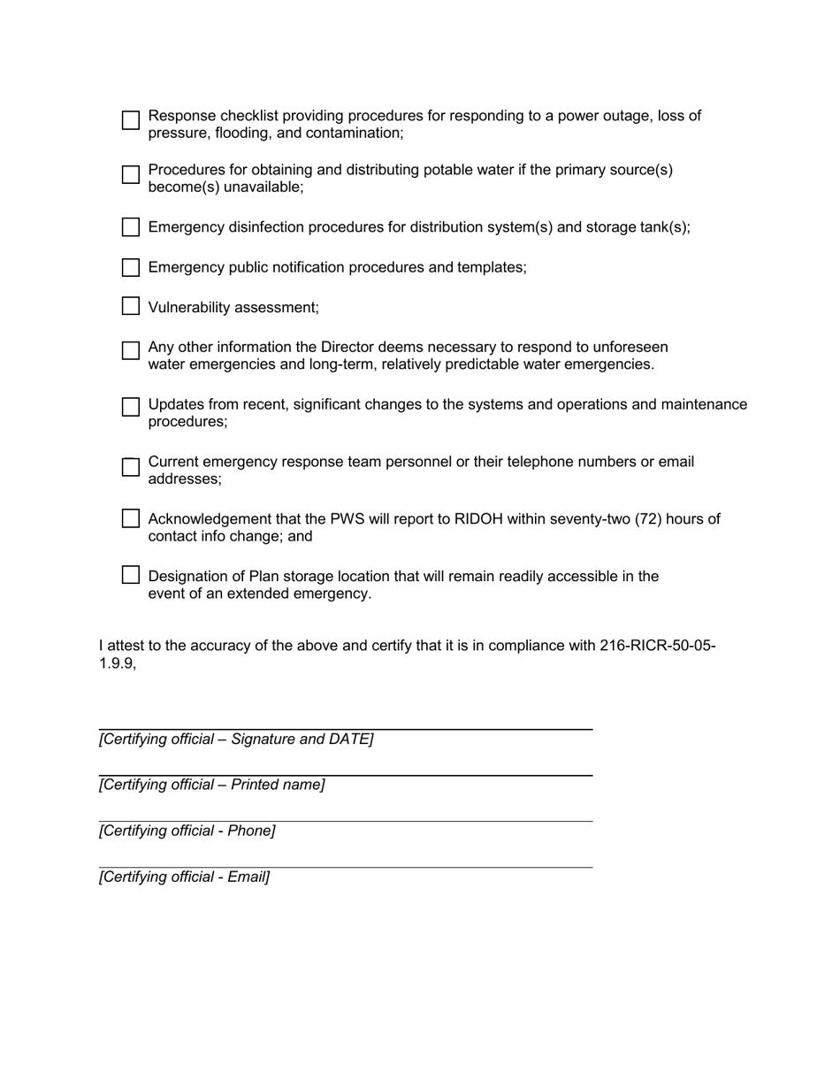 Rhode Island Certification of Public Water System Emergency Response ... Rhode Island Certification of Public Water System Emergency Response ...