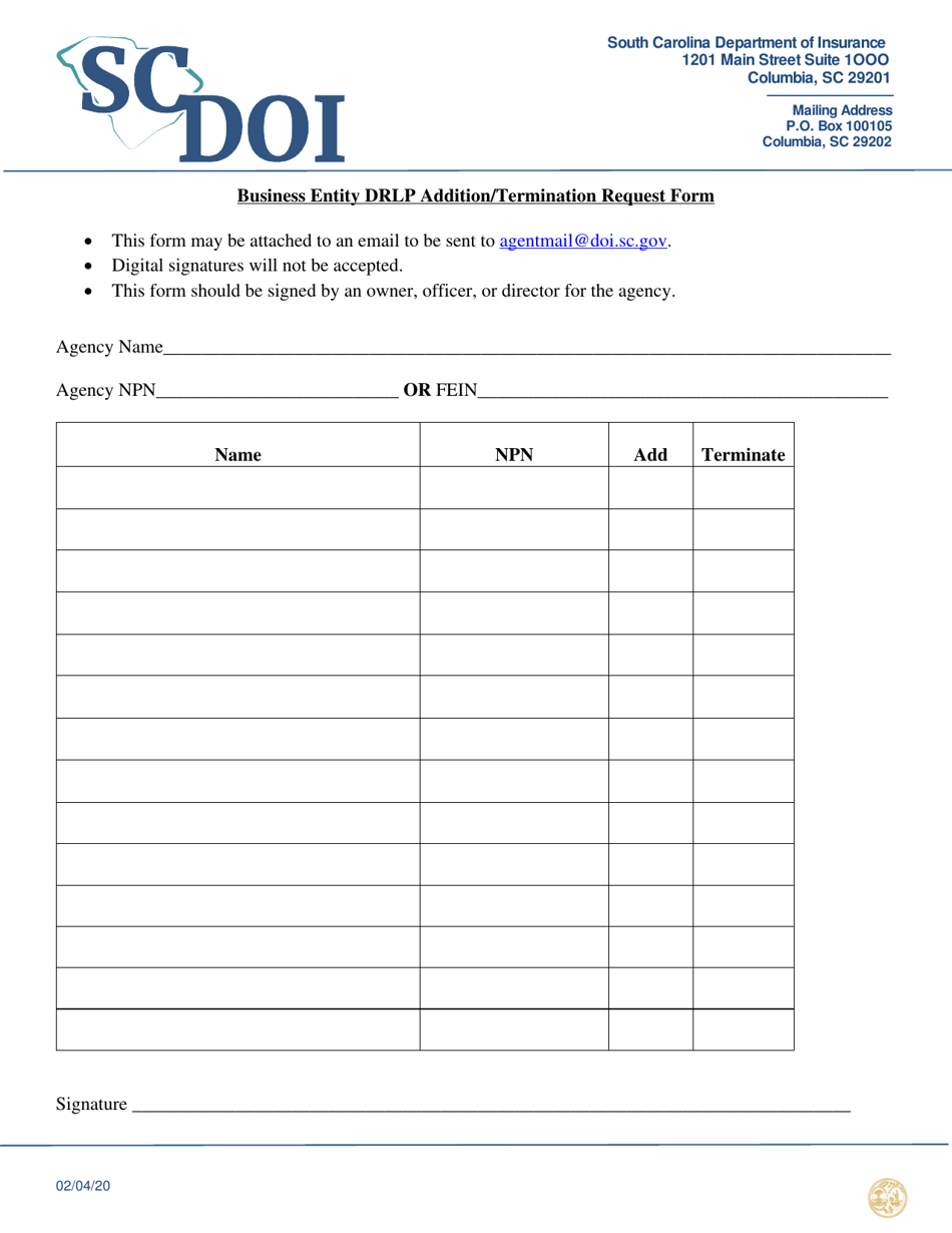 South Carolina Business Entity Drlp Addition/Termination Request Form ...
