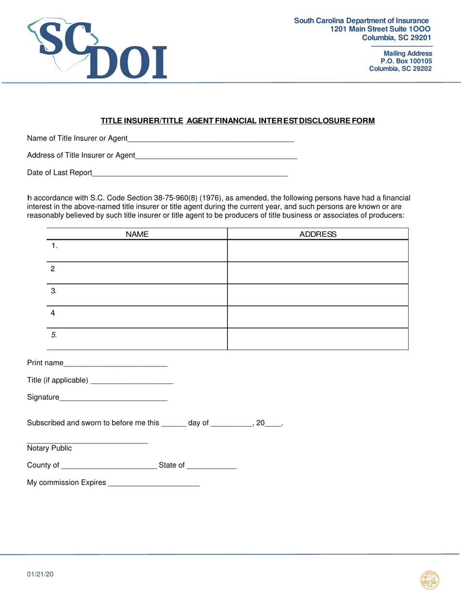 South Carolina Title Insurer/Title Agent Financial Interest Disclosure ...