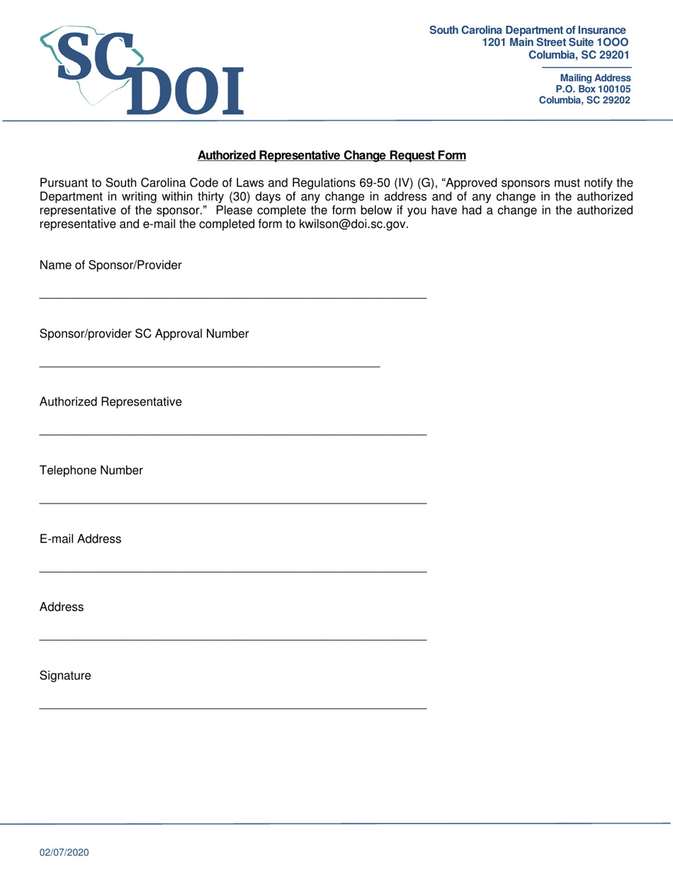 South Carolina Authorized Representative Change Request Form Download ...
