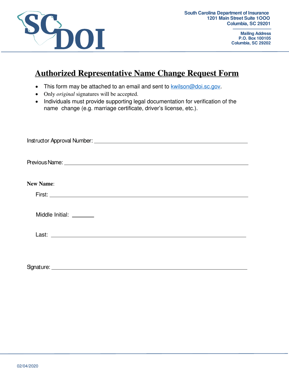 South Carolina Authorized Representative Name Change Request Form ...