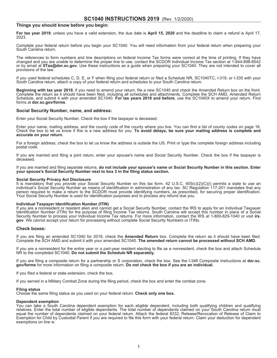 Download Instructions for Form SC1040 Individual Income Tax Return PDF ...