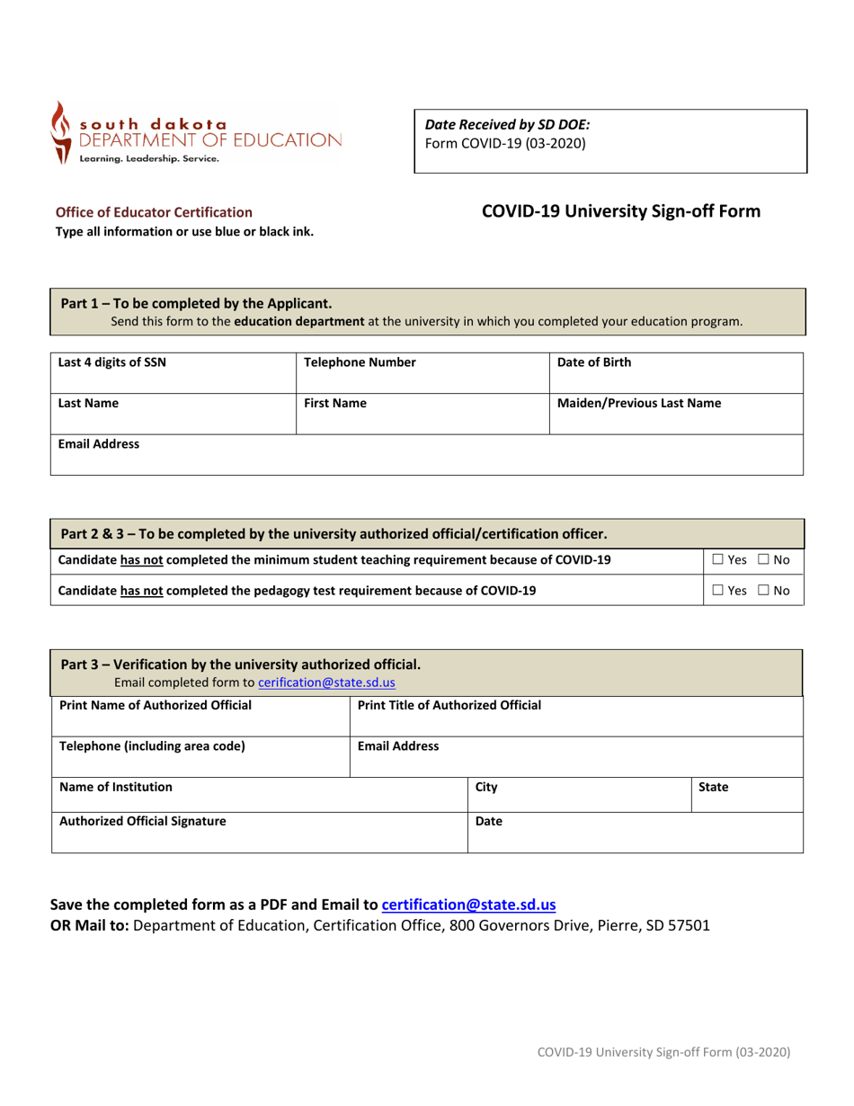 South Dakota Covid-19 University Sign-Off Form - Fill Out, Sign Online ...