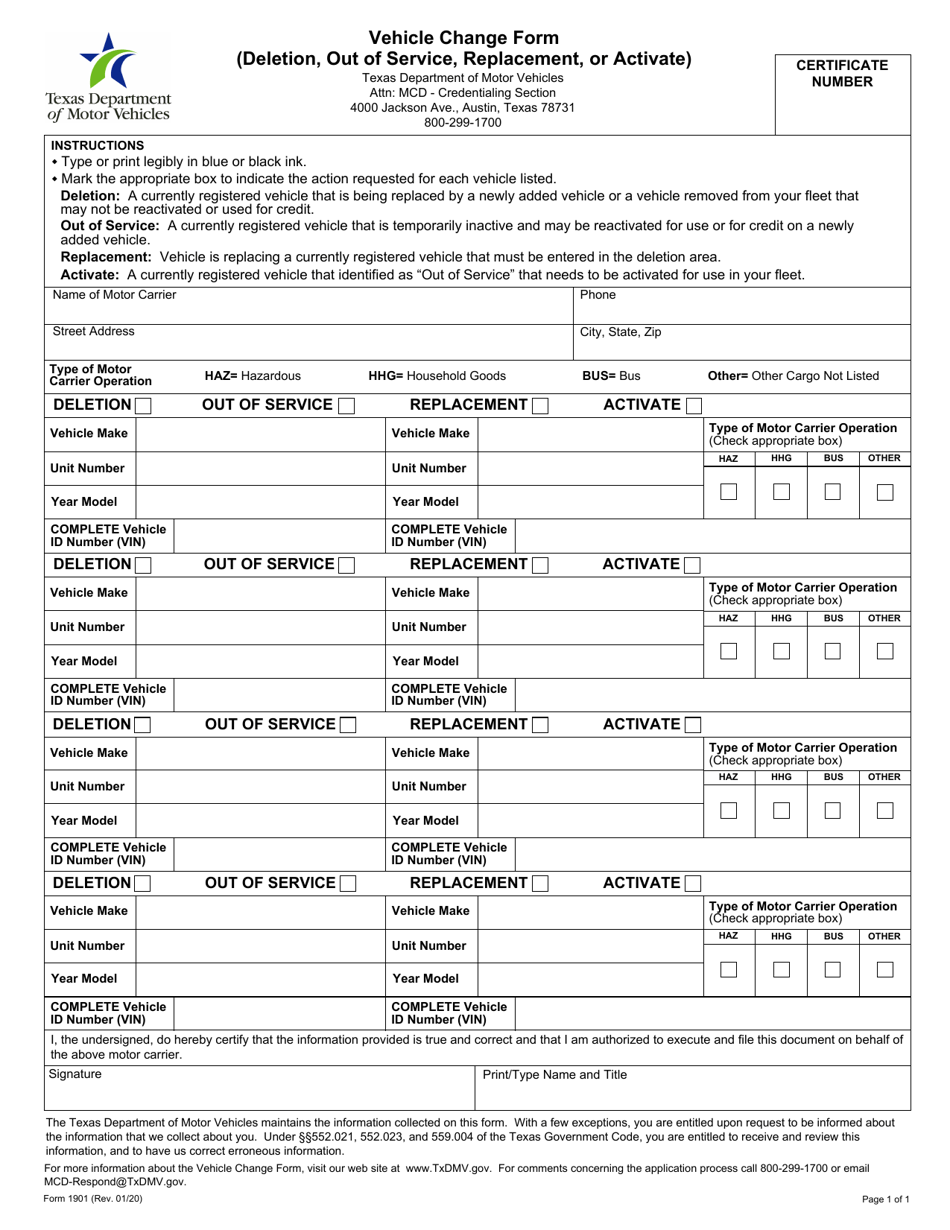 Form 1901 Download Fillable PDF or Fill Online Vehicle Change Form ...