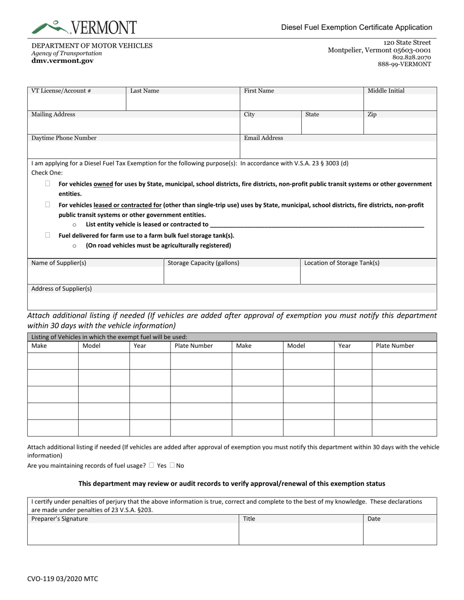 Form CVO-119 - Fill Out, Sign Online and Download Fillable PDF, Vermont ...