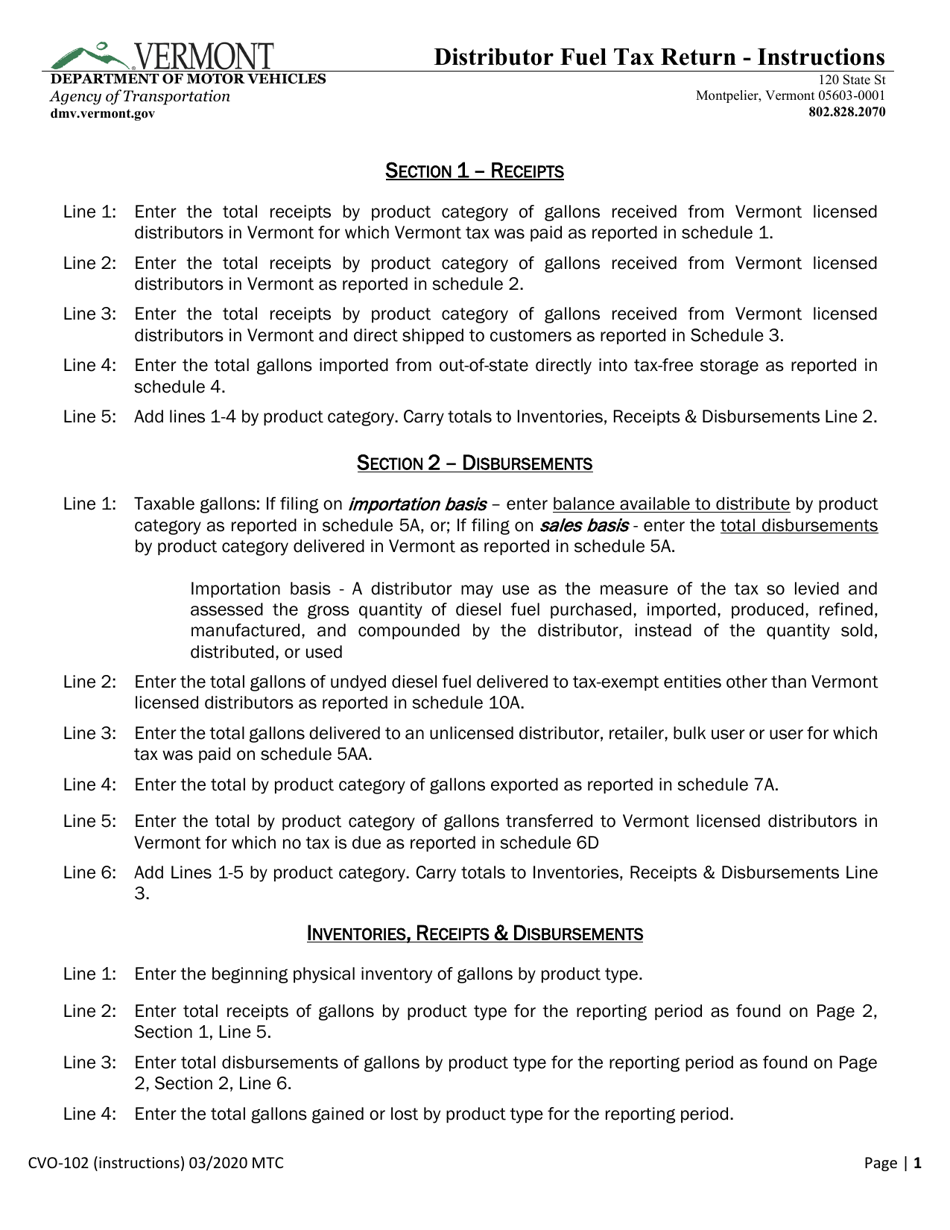 Download Instructions for Form CVO-102 Distributor Fuel Tax Return PDF ...