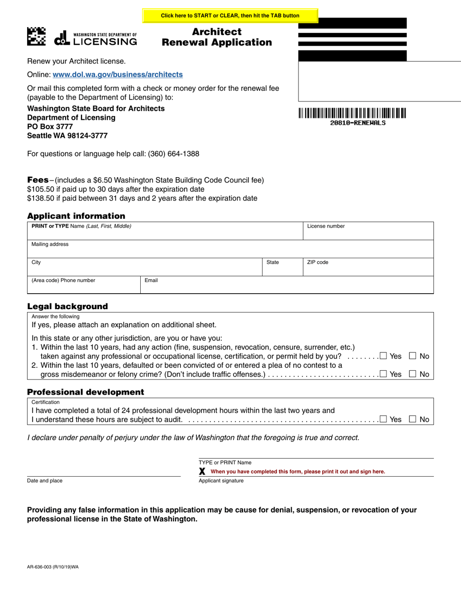 Form AR-636-003 Download Fillable PDF or Fill Online Architect Renewal ...