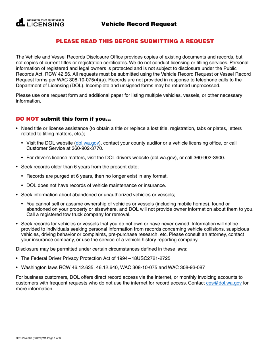 Form RPD-224-003 Download Fillable PDF or Fill Online Vehicle Record ...
