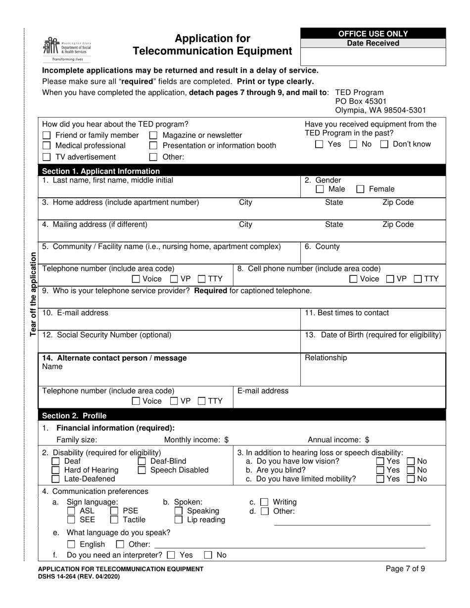 DSHS Form 14-264 Download Printable PDF or Fill Online Application for ...