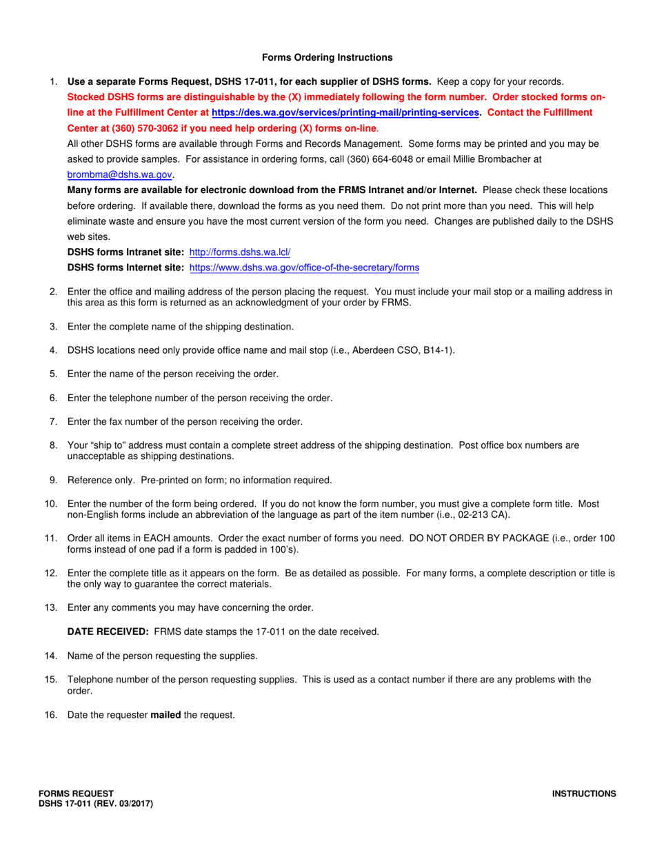 Download Instructions for DSHS Form 17-011 Forms Request PDF | Templateroller