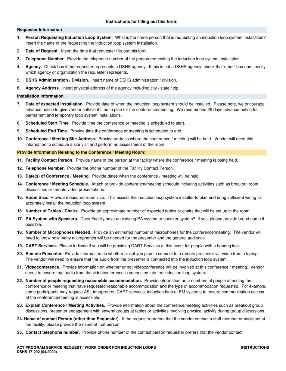 Download Instructions for DSHS Form 17-292 Act Program Service Request ...