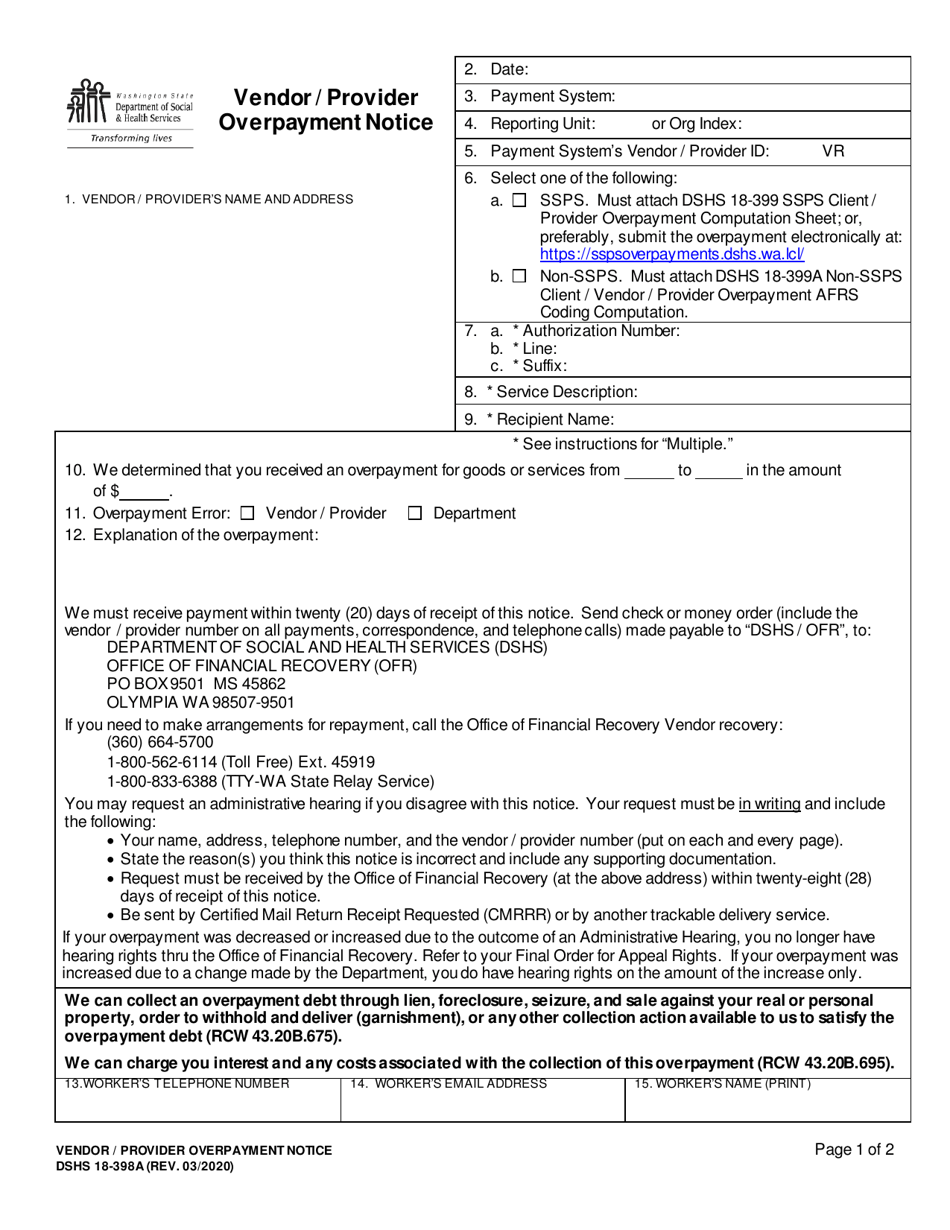 DSHS Form 18-398A Download Printable PDF or Fill Online Vendor ...