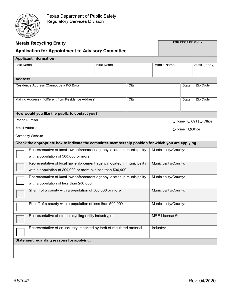 Form RSD-47 - Fill Out, Sign Online and Download Fillable PDF, Texas ...
