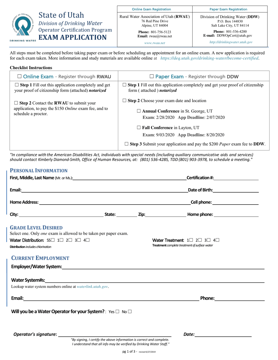 Utah Operator Certification Program Exam Application - Fill Out, Sign ...