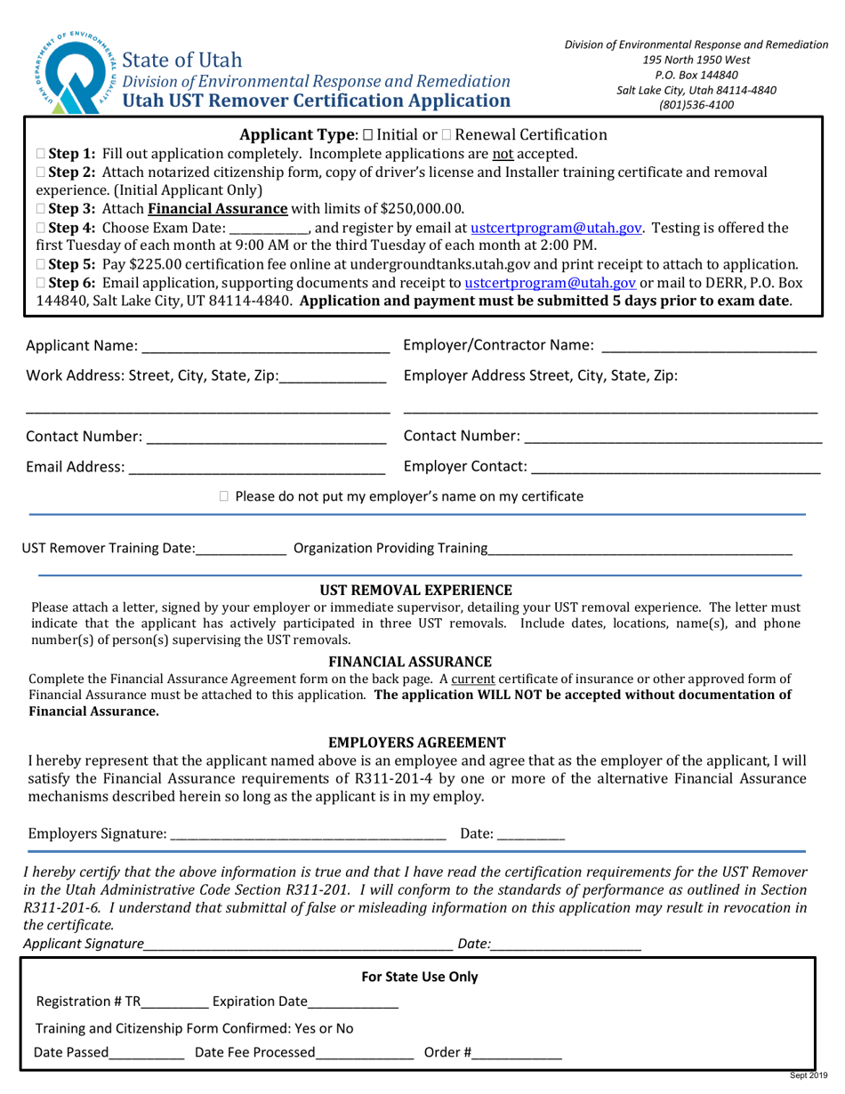 Utah Utah Ust Remover Certification Application - Fill Out, Sign Online ...
