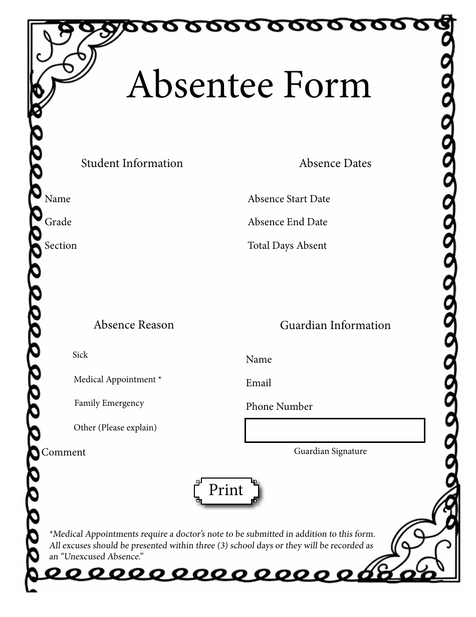 Absentee Form - Fill Out, Sign Online and Download PDF | Templateroller