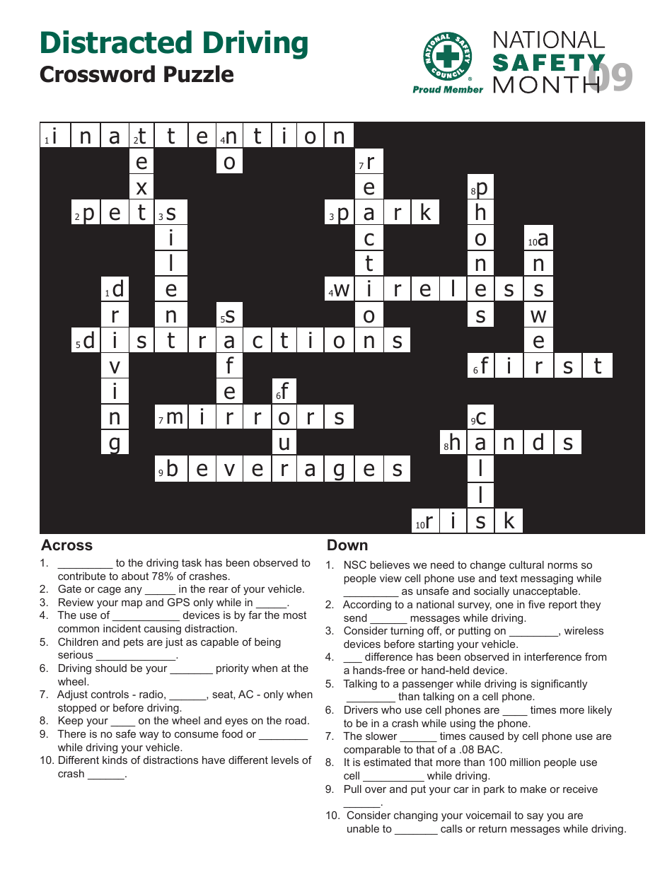 Distracted Driving Crossword Puzzle Template With Answers National 