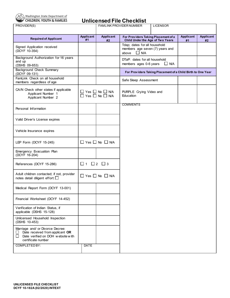 DCYF Form 10-182A Download Fillable PDF or Fill Online Unlicensed File ...