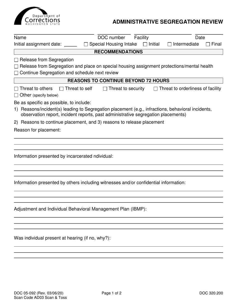 Form DOC05-092 Download Printable PDF or Fill Online Administrative ...